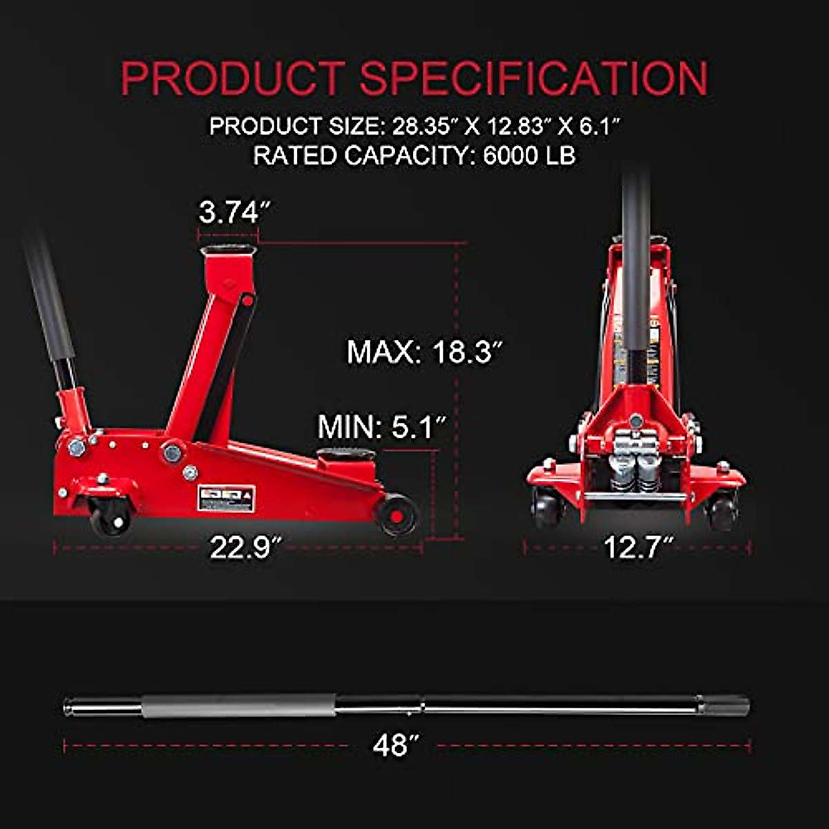 BIG RED ATZ830023R Torin Hydraulic Heavy Duty Steel Service/Floor Jack with Dual Piston Quick Lift Pump, 3 Ton (6,000 lb) Capacity, Red