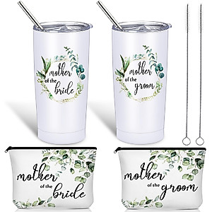 4 Pack Mother of the Groom Gifts Mother of the Bride Tumblers Cup Bride Makeup Bags Stainless Steel Groom Mug Mother Cosmetic Bag Wedding Gift for Bridal Shower Travel Party Favor(Green Leaves)