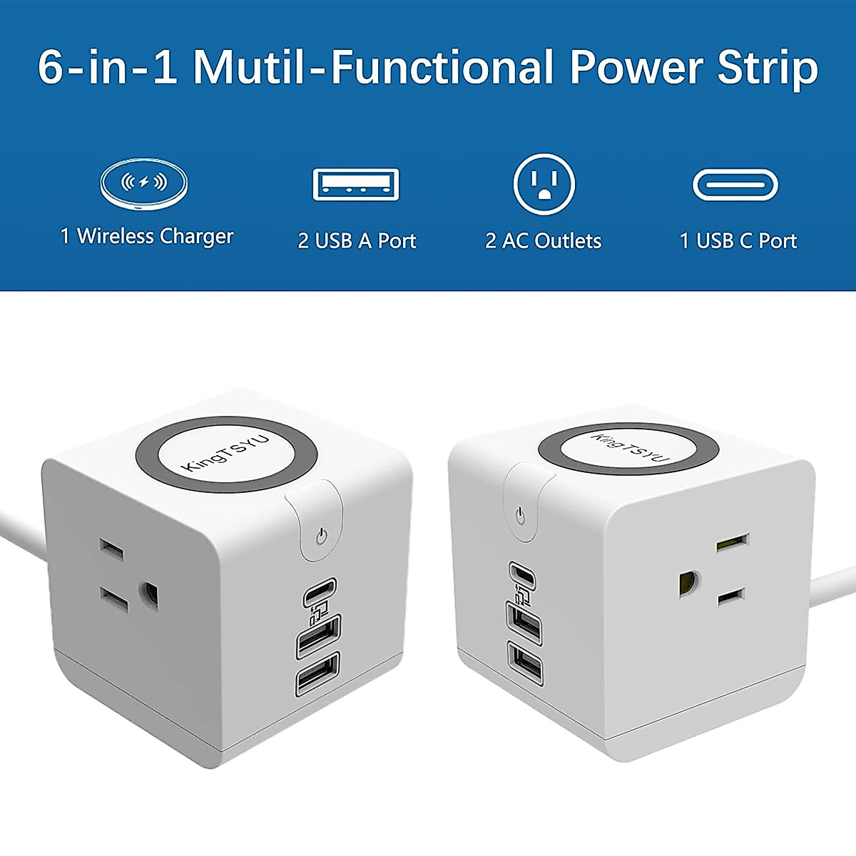 Power Strip with USB C Ports, KingTSYU Travel Surge Protector Tower Extension Cord with PD 20W/2USB A/2AC Outlets/Phone Wireless Charger,Fast Charging Power Delivery for Dorm Home Office