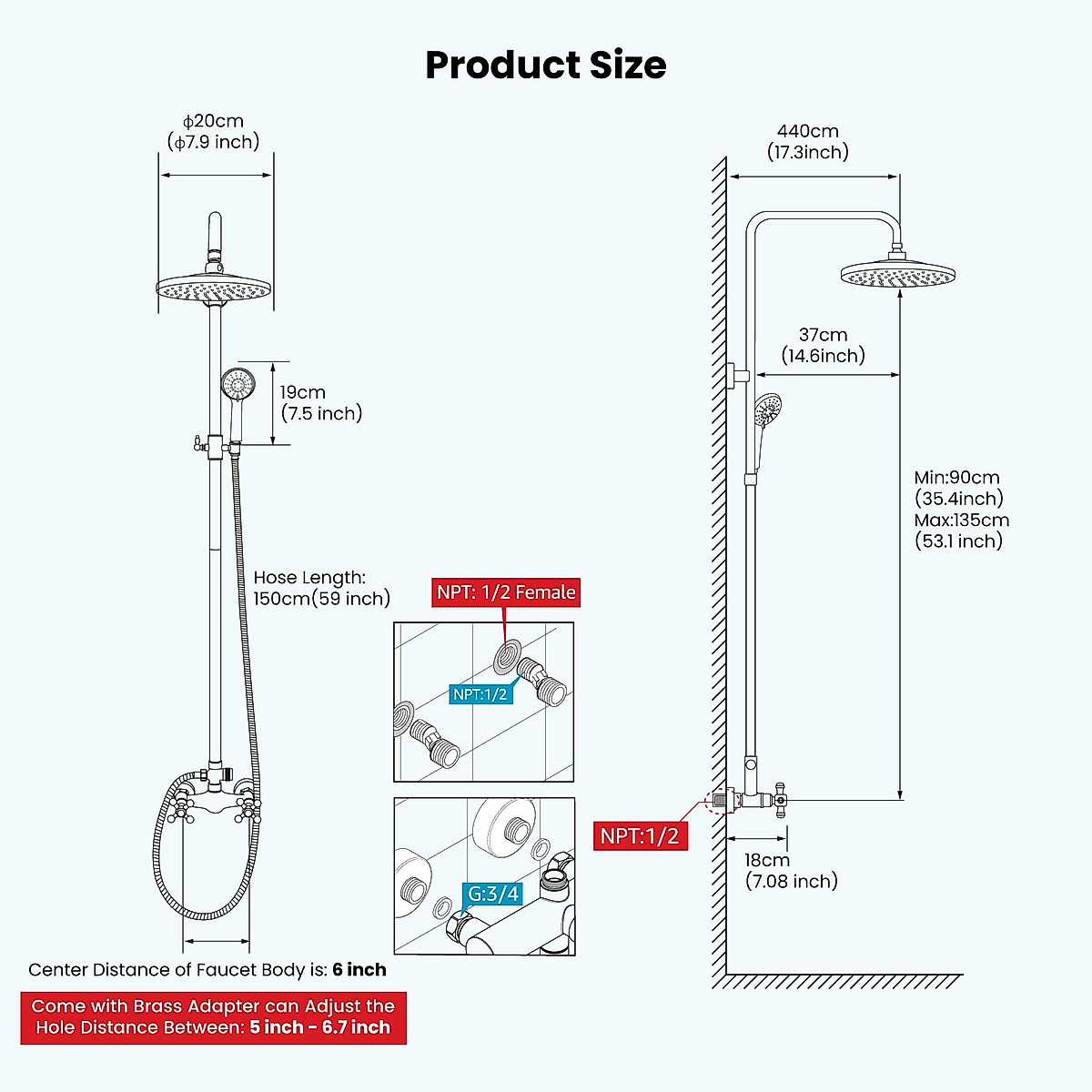 gotonovo Exposed Shower Faucet System 8 Inch Rainfall Shower Head with 8 Function ABS Handheld and Double Cross Handle Wall Mounted Bathroom Luxury Mixer Shower Gourd Faucet Body Matte Black