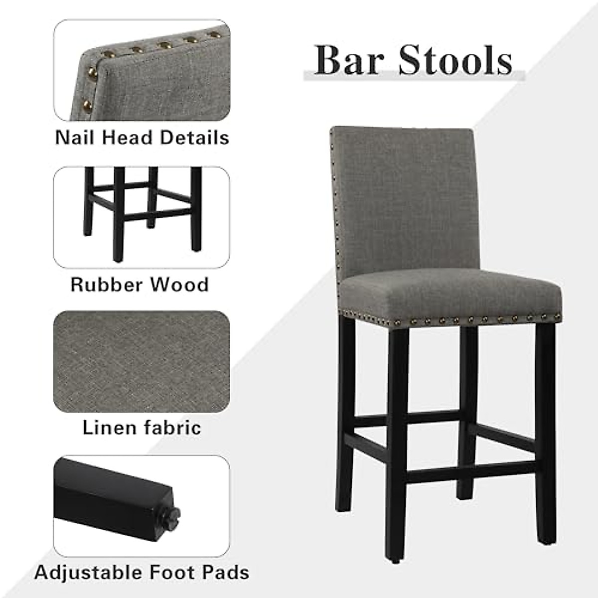DAGONHIL 24 inch Bar Stools Set of 4, Counter Height Bar Stools with Backs, Nail Head Barstools with Wood Legs, Upholstered Kitchen Island Chairs, Gray