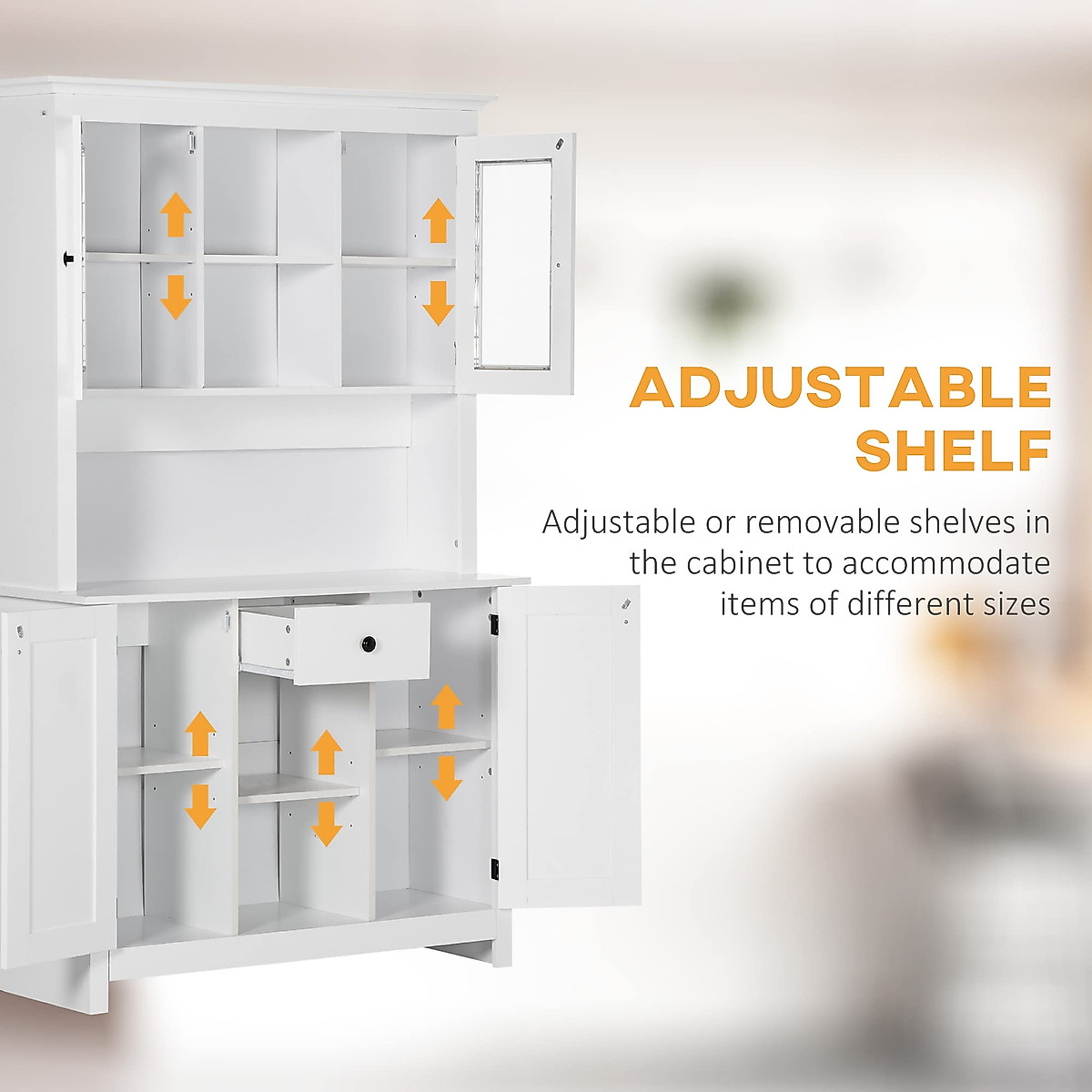 HOMCOM Freestanding Rustic Buffet with Hutch, 4 Door Farmhouse Kitchen Pantry Cabinet, Microwave Stand with Beadboard Panel, Drawer and Adjustable Shelves, White