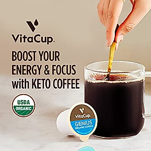 VitaCup USDA Organic Genius Keto Coffee Pods, Gold Label, Increase Energy & Focus with MCT Oil, Turmeric, B Vitamins, D3, Recyclable Single Serve Pod Compatible with Keurig K-Cup Brewers,16 Ct