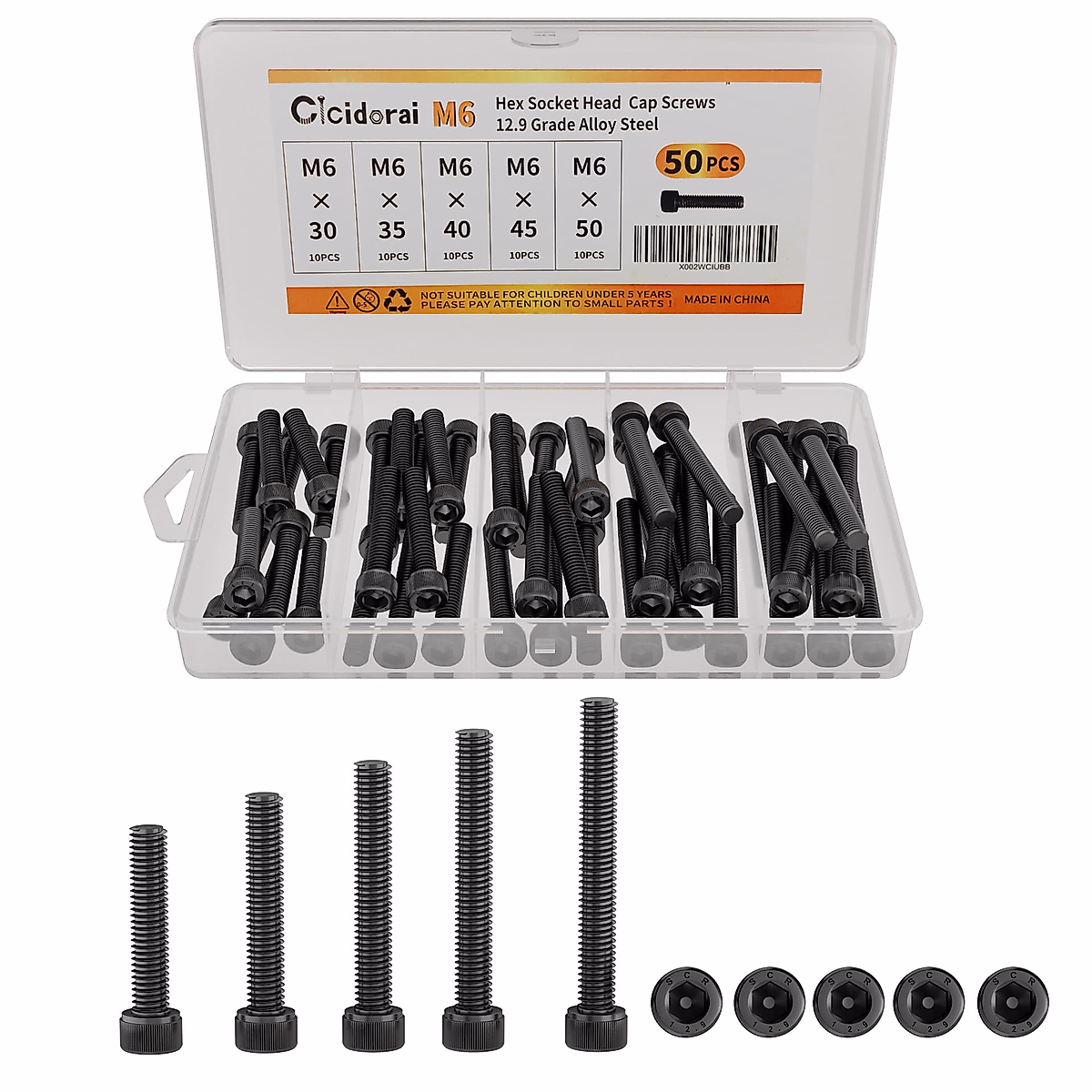 Cicidorai M6 x 30mm 35mm 40mm 45mm 50mm Hex Socket Head Cap Screws Bolts, 12.9 Grade Alloy Steel, Black Oxide Finish, Fully Threaded, Metric Allen Hex Drive, Assortment Kit 50Pcs