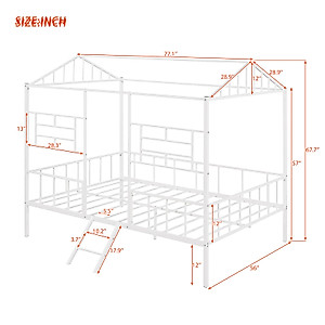 Full House Bed with Fence Railings Metal Cabin Bed Frame with Ladder Child Fun Tent Beds for Toddler Kids Boys Girls Teens, Full Size, White