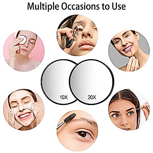 Funtopia Magnifying Mirror, 3.5 Inch 20X Mirror and 10X Magnifier Mirrors with 2 Suction Cups, Small Travel Magnifying Mirror and Tweezers Kit for Eyebrow Tweezing, Blackhead Blemish Removal (Black)