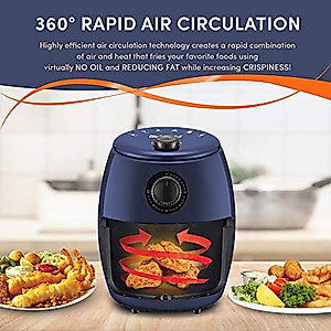 Elite Gourmet EAF-0201BG# Personal 2.1 Qt. Compact Space Saving Electric Hot Air Fryer Oil-Less Healthy Cooker, Timer & Temperature Controls, PFOA/PTFE Free, 1000W, Quart, Blue Gray