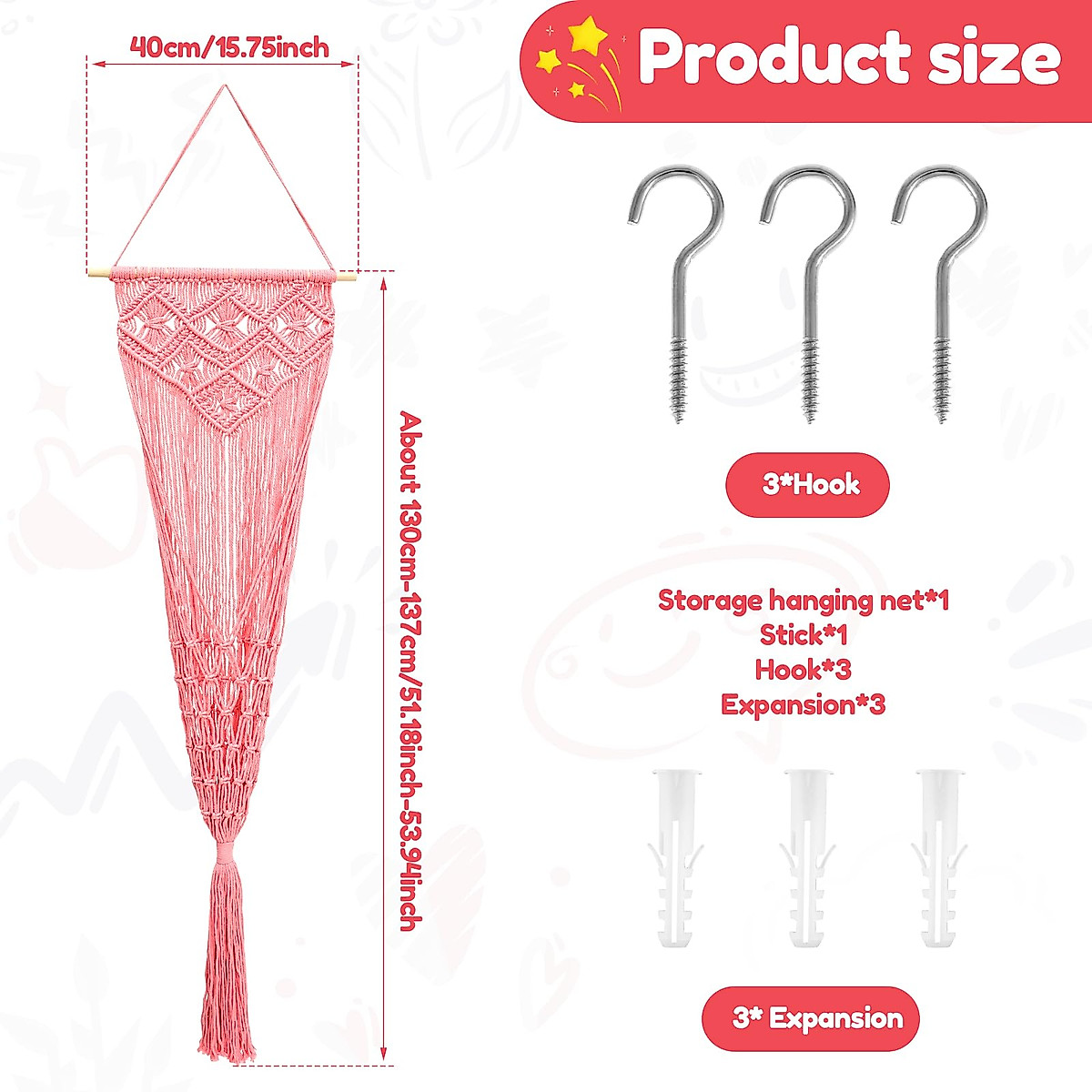 Stuffed Animal Storage Hammock Wall Hanging Toy Hammock Net Space Saving Stuffed Toy Hammock Handmade Toy Net Corner for Bedroom Nursery Basement Playroom (Pink)