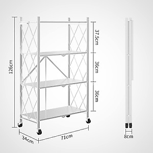 Muichi Folding Shelf 4-Tier, Foldable Shelves with Wheels, Heavy Duty Shelving Unit, Sturdy Metal Shelf Storage Organizer Rack for Kitchen, Garage, Home, Office, Garden (White)