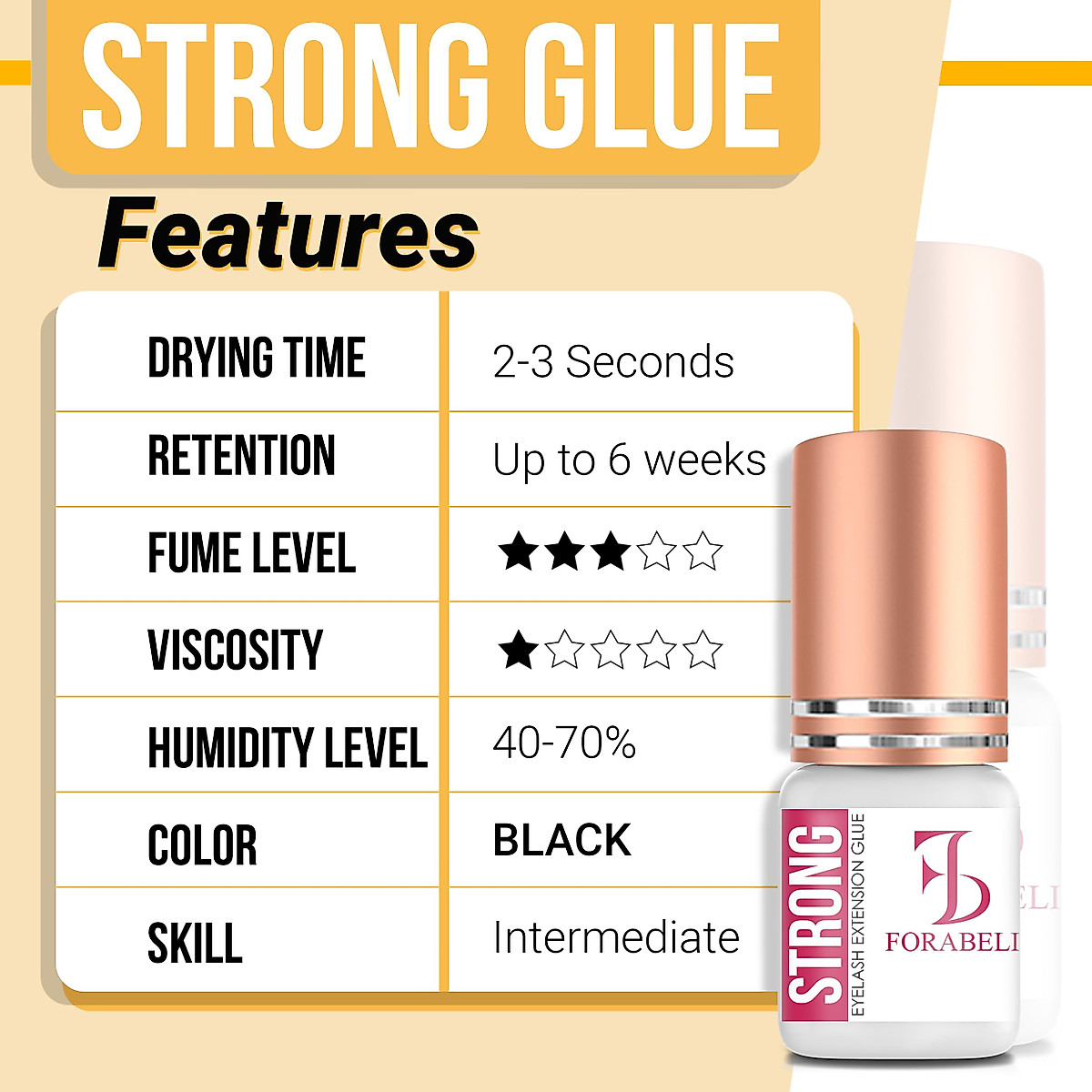 Forabel Strong Eyelash Glue 5ml - 2-3 Sec Drying Time, 6 Weeks Retention, Maximum Bonding Power, Black Adhesive for Semi-Permanent Lashes