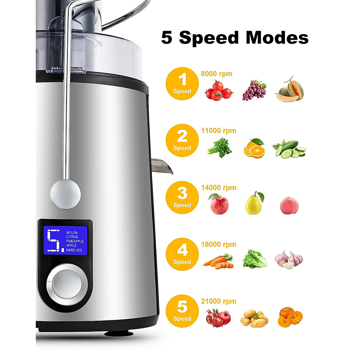 1000W 5 Speeds LCD Screen Centrifugal Juicer Machines Vegetable and Fruit, Realife Juice Extractor with Big 3" Wide Chute, Anti-drip Compact Juice Maker, Easy Clean, High Juice Yield, BPA Free