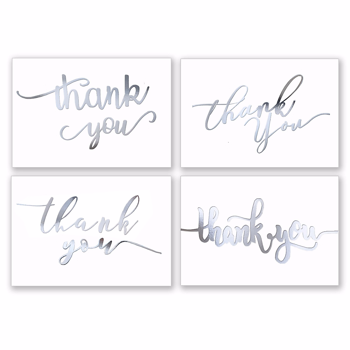 100 Thank You Cards in White with Envelopes & Stickers - Elegant 4 Designs Bulk Notes Embossed with Silver Foil Letters for Wedding, Formal, Business, Graduation, 4x6 Inch Thick Card Stock
