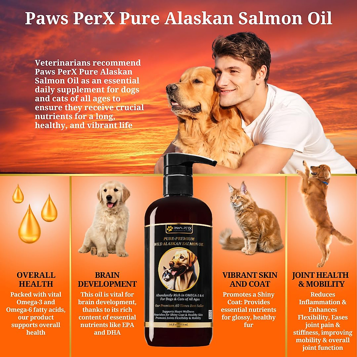 Paws PerX, Human Grade, Naturally Caught, Pure-Premium Wild Alaskan Salmon Oil for Dogs & Cats; Rich in Omega-3 EPA and DHA Fatty Acids; (One, 16 fl oz Bottle)