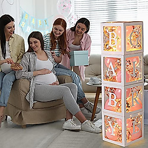 Baby Shower Balloon Box Decorations, 4 Pcs Baby Blocks Transparent Balloon Boxes with Baby Letters, 4 Pack Led Fairy String Lights and 40 Pcs Latex Balloons for Decor (Pink)