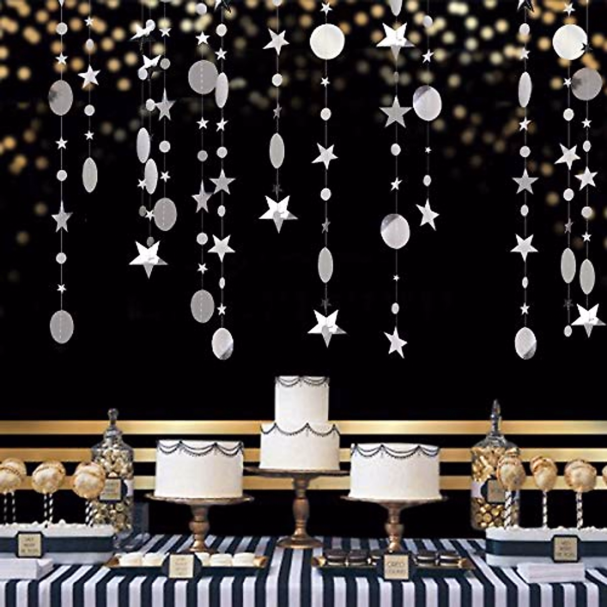 Decor365 Bling Bling Silver Twinkle Star Garland Streamer Kit for Party Decorations Glitter Metallic Circle dot Garland Glittery Bunting Garlands Banner for Wedding Kids Room Birthday Baby Shower