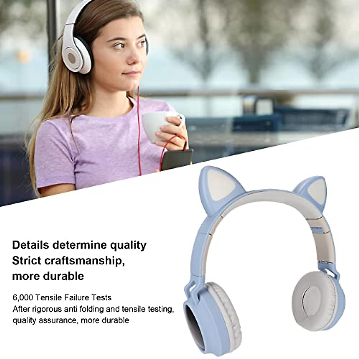 PUSOKEI Gaming Headset, Deep Bass Cat Ear Gaming Headphones Bluetooth 5.0, Retractable and Foldable Cat Headphones Noise Reduction Over Ear Headphones with Soft Earmuffs(Blue
