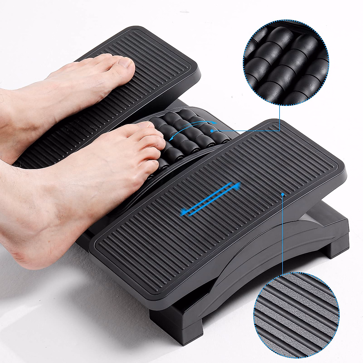 Adjustable Office Footrest for Under Desk Ergonomic Foot Stool Foot Rest Improves Posture and Circulation for Home Office with Massage Roller Non-Slip, Black