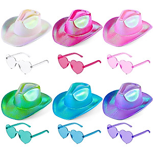 12 Pcs Holographic Space Cowgirl Hat with Rimless Sunglasses Neon Sparkly Cowboy Hat and Heart Sunglasses for Women Men Party(hot pink, pink, purple, blue, green and white)