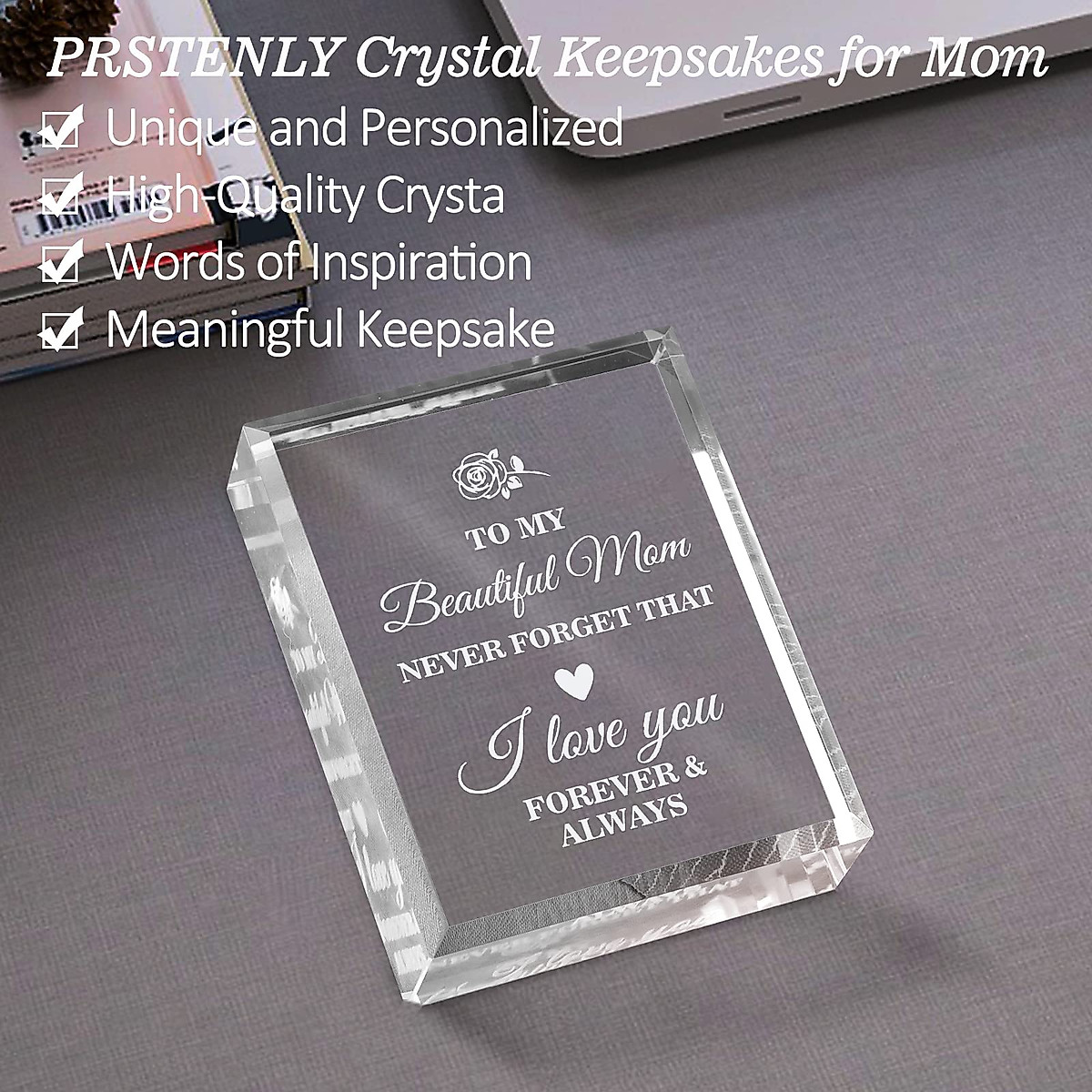 PRSTENLY Gifts for Mom Crystal Keepsakes, Christmas Birthday Gifts for Mom from Daughter Son, to My Mom Gifts Valentines Day Gifts for Mom Personalized Engraved Crystal Decor