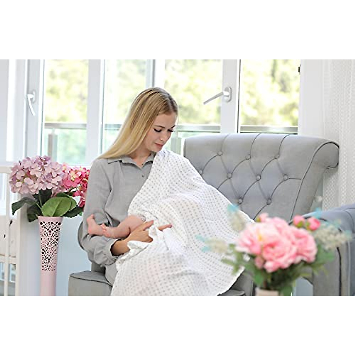 Muslin Swaddle Blankets – Soft Pure Cotton Muslin Blankets – 4 Pack of Breathable Swaddle Blankets – Unisex Baby Swaddle Blanket Set in Grey/White Designs – Multi Use Muslin Blankets – 47 x 47 inches