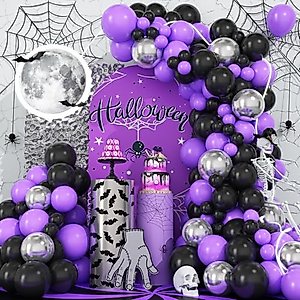 Halloween Balloon Arch Garland Kit, Black Purple Silver Metallic Latex Balloons Garland Kit for Kids Halloween Theme Birthday Trick or Treat Graduation Wedding Party Decorations Supplies