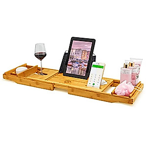 Morvat Premium Bamboo Wood Expandable Bathtub Tray & Caddy for Bathroom, Includes Book Holder, Shelf for Laptop Tablet & Phone, Wineglass Slot & More, Great Gift & Accessories for Home Spa Tub & Bath