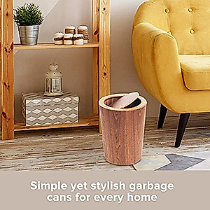 Modern Round Trash Can with Lid - Solid Real Wood Waste Basket in Walnut - 8L/2.1Gal - 9.25"x7.5"x11.8" Swing Top Small Trash Can - Decorative Small Garbage Can for Bedroom, Living Room, Office & Bathroom Nordic MCM Wooden Style