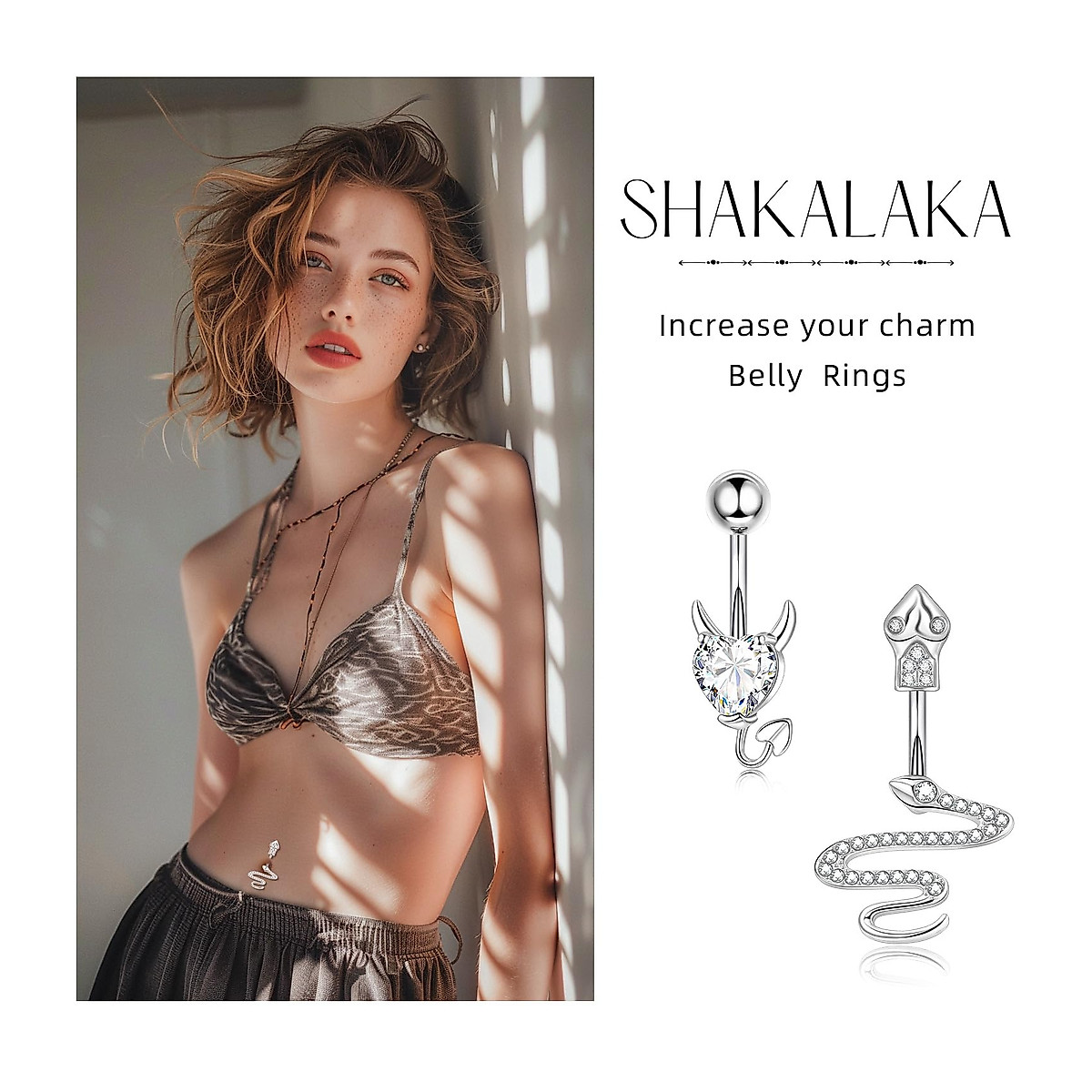 Shakalaka 9pcs Surgical Steel Belly Button Ring for Women Belly Piercing Dangling Cute Heart Butterfly Navel Rings Pack Silver Color