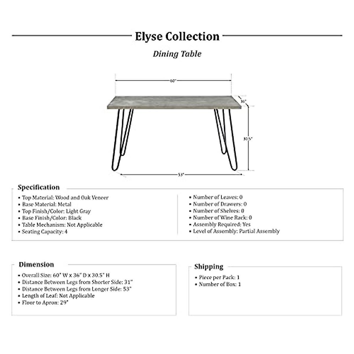 Lexicon Elyse Dining Table, Gray/Black