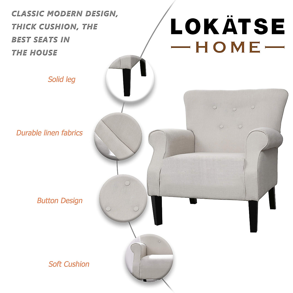 LOKATSE HOME Accent Armchair Single Sofa Modern Comfortable Furniture for Living Room, Club, Bedroom, Beige