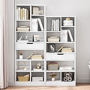 IOTXY Wooden Open Shelf Bookcase - 71 Inches Tall Freestanding Display Storage Cabinet Organizer with 10 Cubes and a Drawer, Floor Standing Bookshelf in Warm White