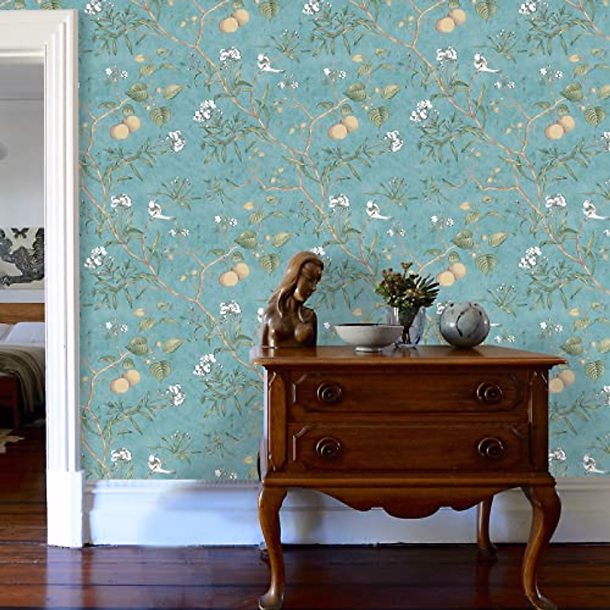 Floral Peel and Stick Wallpaper Contact Paper: Vintage Removable, Bird Stick on Wallpaper 17.7 x 118.1 inch Self Adhesive Green