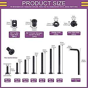 Swpeet 192Pcs M6 × 20/30/40/50/60/70/80mm Black Zinc Flat Head Hex Socket Cap Baby Crib Bed Bolts and Threaded Insert Nuts with Flange Nuts and 4 Pronged Tee T Nuts Kit with Allen Wrench