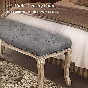 Cozyman Bedroom Bench, French Vintage Tufted Entryway Bench, 45.2" Carving Upholstered End of Bed Bench with Distressed Wood Legs, Linen Ottoman Bench Seat for Living Room, Foyer, Dining Room, Gray