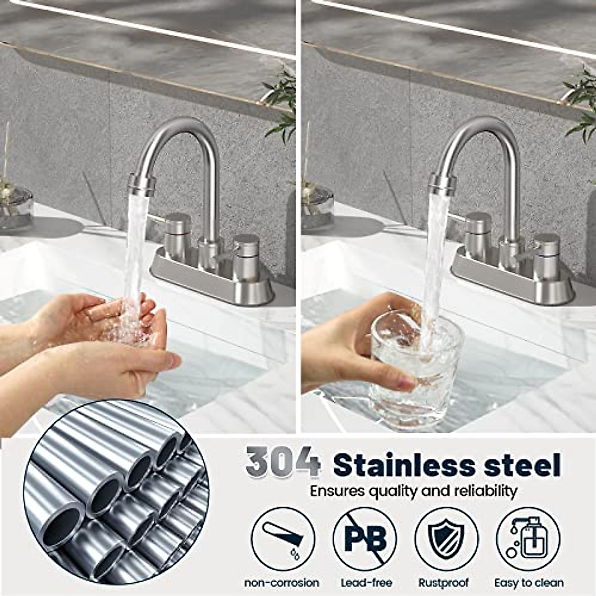 yeulluey 360 Swivel Spout Bathroom Sink Faucet with 2 Water Supply Lines, Brushed Nickel Lead-Free Bathroom Faucets Stainless Steel 4 Inch 2 Handle Centerset Faucet for Bath Basin 2 3 Hole