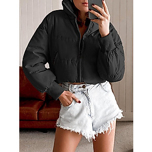 MEROKEETY Women's Winter Cropped Puffer Jacket Long Sleeve Oversized Stand Collar Zip-Up Short Coat