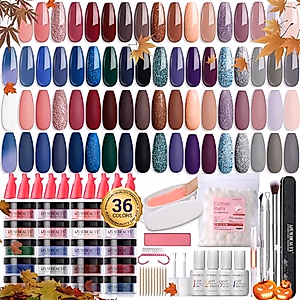170Pcs Dip Nails Powder Starter Kit, AZUREBEAUTY 36 Colors Brown Purple Fall Dip Powder Nail Kit Starter with Essential Liquid and Removal Accessories Set for French Nail Art Manicure Salon DIY Home