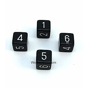 WCXPQ0608E4 Black Opaque Dice with White Numbers D6 Aprox 16mm (5/8in) Pack of 4 Dice Chessex