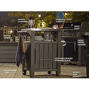 Keter Unity Portable Outdoor Table and Storage Cabinet with Hooks for Grill Accessories-Stainless Steel Top for Patio Kitchen Island or Bar Cart