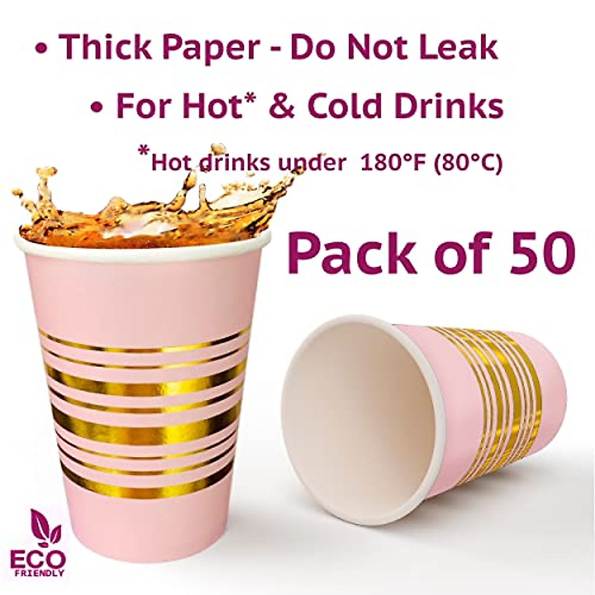 DiggHous KSG Elegant Light Pink and Gold Striped Paper Party Cups 12 oz - Pack of 50 Disposable Cups - Perfect for Bachelorette Baby Shower Birthdays - Hot and Cold Beverages