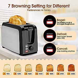 Toaster 2 Slice Stainless Steel Toaster Two Slice Toaster with Removable Crumb Tray Toaster Wide Slot Toasters 2 Slice Best Rated Prime with 7 Bread Shade Settings and Bagel, Defrost, Cancel Function for Bread