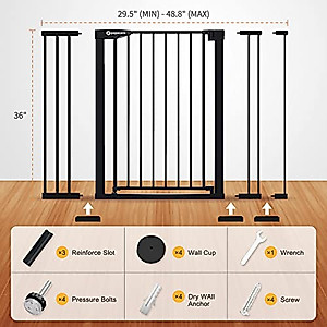 Papacare 36" Extra Tall Baby Gate for Stairs Doorways, Fits Openings of 29.5" to 48.8" Wide, Auto Close Extra Wide Baby and Pet Gate for Doorways and Stairways,Pressure Mounted Dog Gates, Black