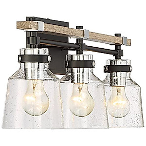 Possini Euro Design Broadway Modern Industrial Wall Light Black Painted Faux Wood Hardwired 23" 3-Light Fixture Clear Seedy Glass Shade for Bedroom Bedside Bathroom Vanity Living Room Hallway House