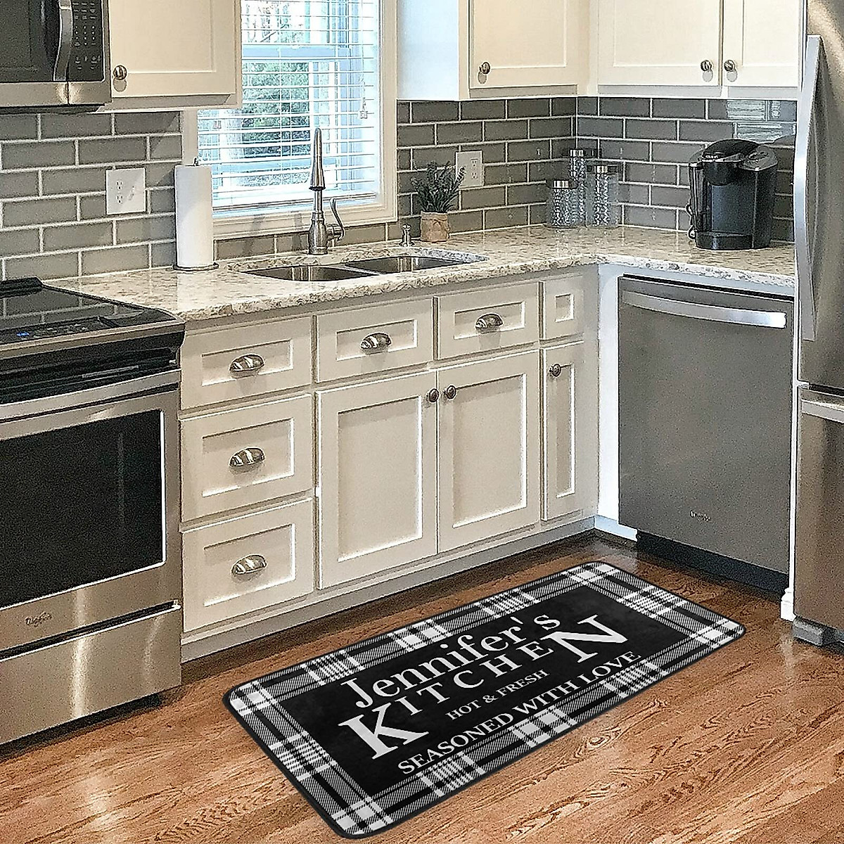 White Buffalo Plaid Custom Kitchen Rugs Non Slip Kitchen Floor Mats Cushioned Personalized Kitchen Mats and Rugs Anti Fatigue Mats for Bathroom Laundry Room Standing Home - 39x20 IN Seasoned Love