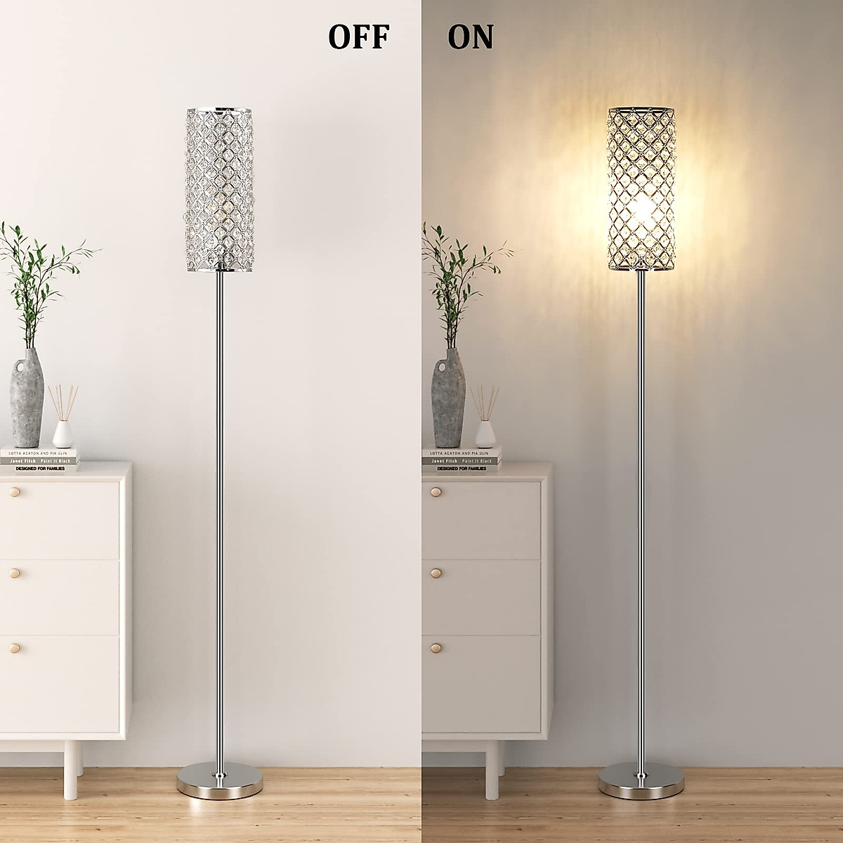 Crystal Floor Lamp with Bulb for Girls Bedroom Silver, Living Room, Modern Tall Glam Minimalism Pole Corner Standing Light for office, Dorm Hotel