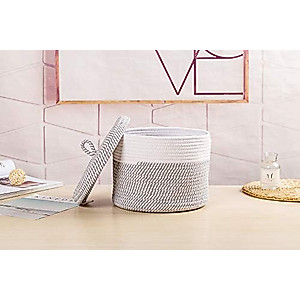 S Size Grey Cotton Rope Basket with Lid Mini Woven Basket Cute Toy Storage Basket Towel Storage Little Organizer Woven Basket Living Room Nursery Storage Basket Small Grey Woven Basket for Storage