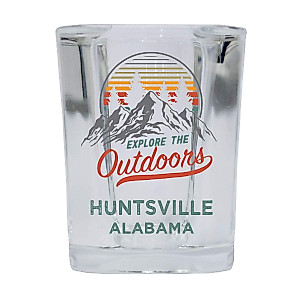 R and R Imports Huntsville Alabama Explore the Outdoors Souvenir 2 Ounce Square Base Liquor Shot Glass