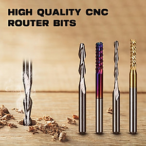 40pcs End Mills CNC Router Bits, 1/8 inch(3.175mm) Shank CNC Milling Carving Bit Set Including 2-Flute Flat & Ball Nose Spiral Bits, Nano Blue Coat & Titanium Coat End Mill, Suitable for ER 11 Collet