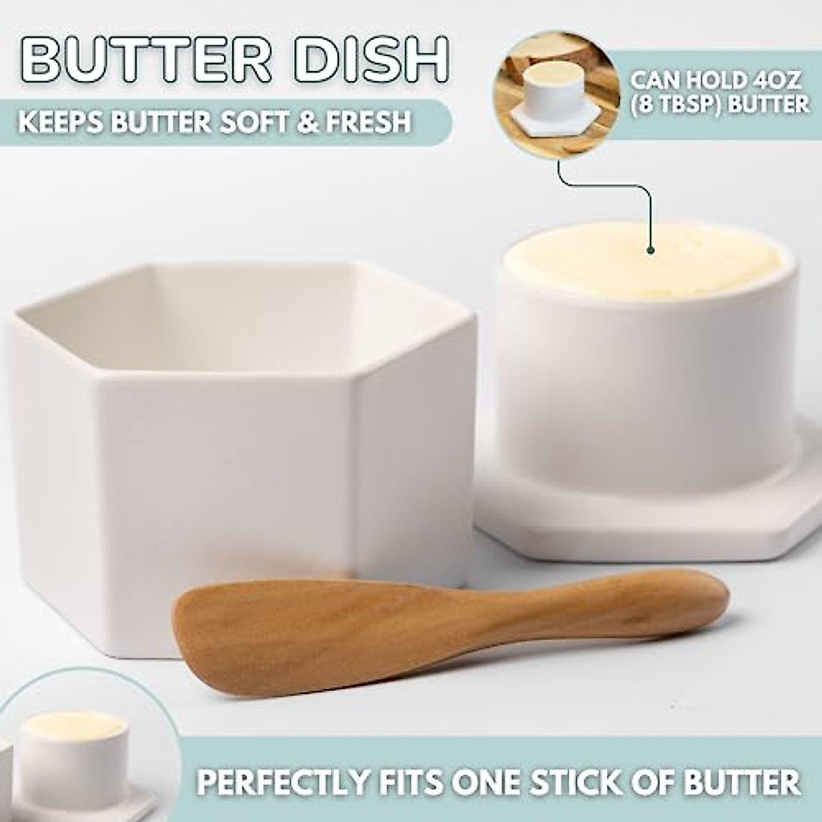 French Butter Crock w/Lid & Wood Spreading Knife - White Modern Butter Keeper for Counter - Modern Hexagon Shape Butter Dish - Stoneware Butter Crock - Dishwasher Safe Butter Storage
