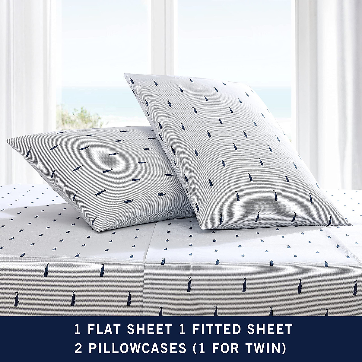 Nautica - Full Size Sheet Sets, Cotton Percale Bedding, Crisp & Cool, Coastal Bedding Set (Whale Stripe Blue, Full)